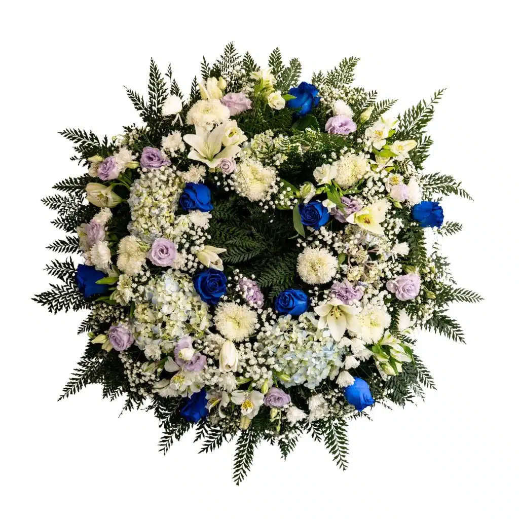 Exclusiva Corona De Flores Fúnebre Azul Y Lila (70 Cm)